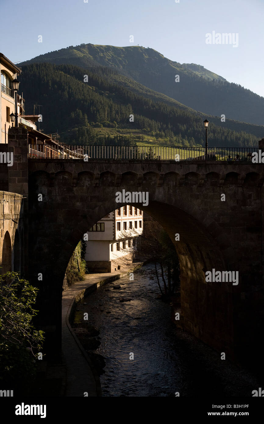 General view of the mountain town of Potes in the Picos de Europa ...