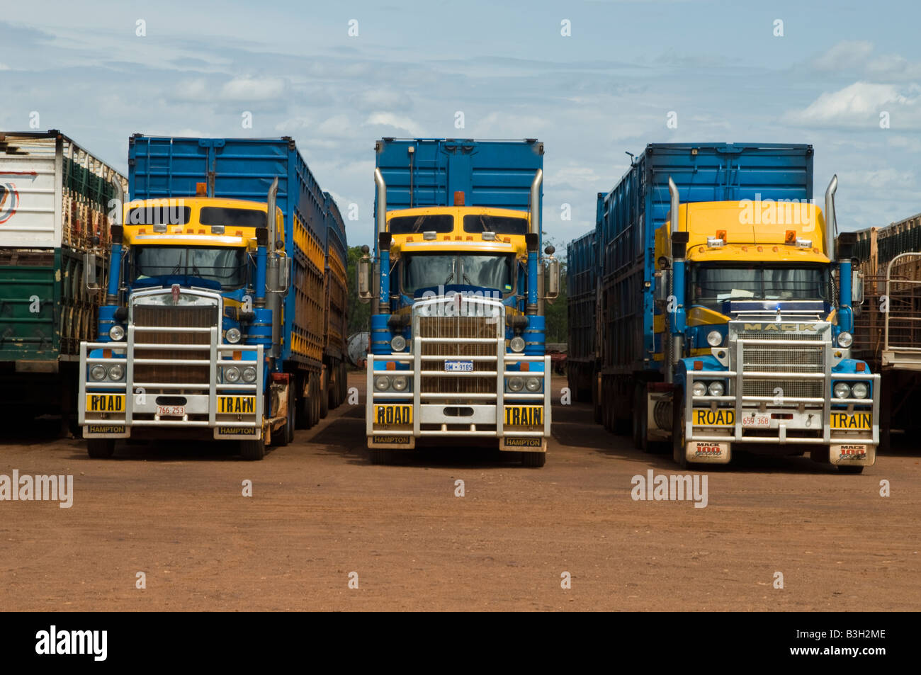 a group of matching road train semi trailer parked together in the ...