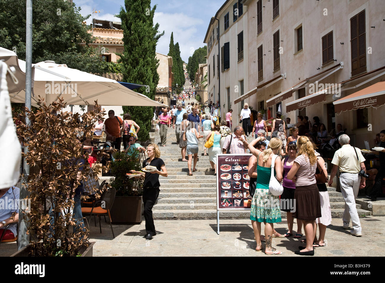 The Placa Major in Pollenca, Spain, with the 365 steps which lead to ...