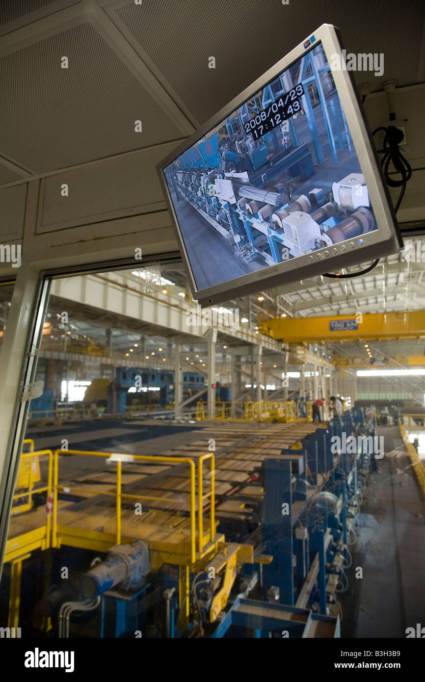 Television Video monitor wall in control booth at EISF Steel Plant Abu ...