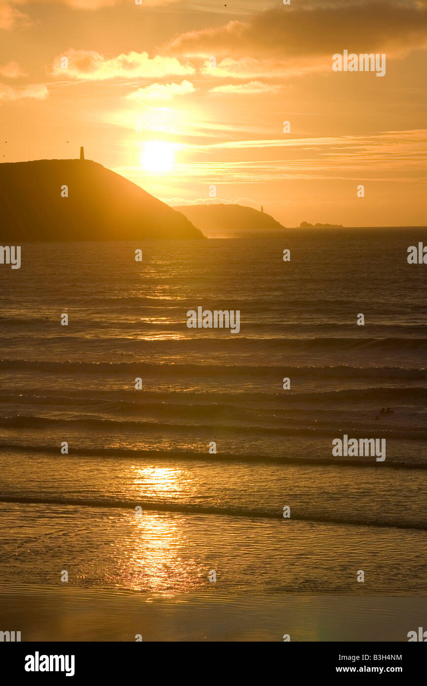 Stepper Point and Trevose Head from Polzeath beach Cornwall UK Stock ...