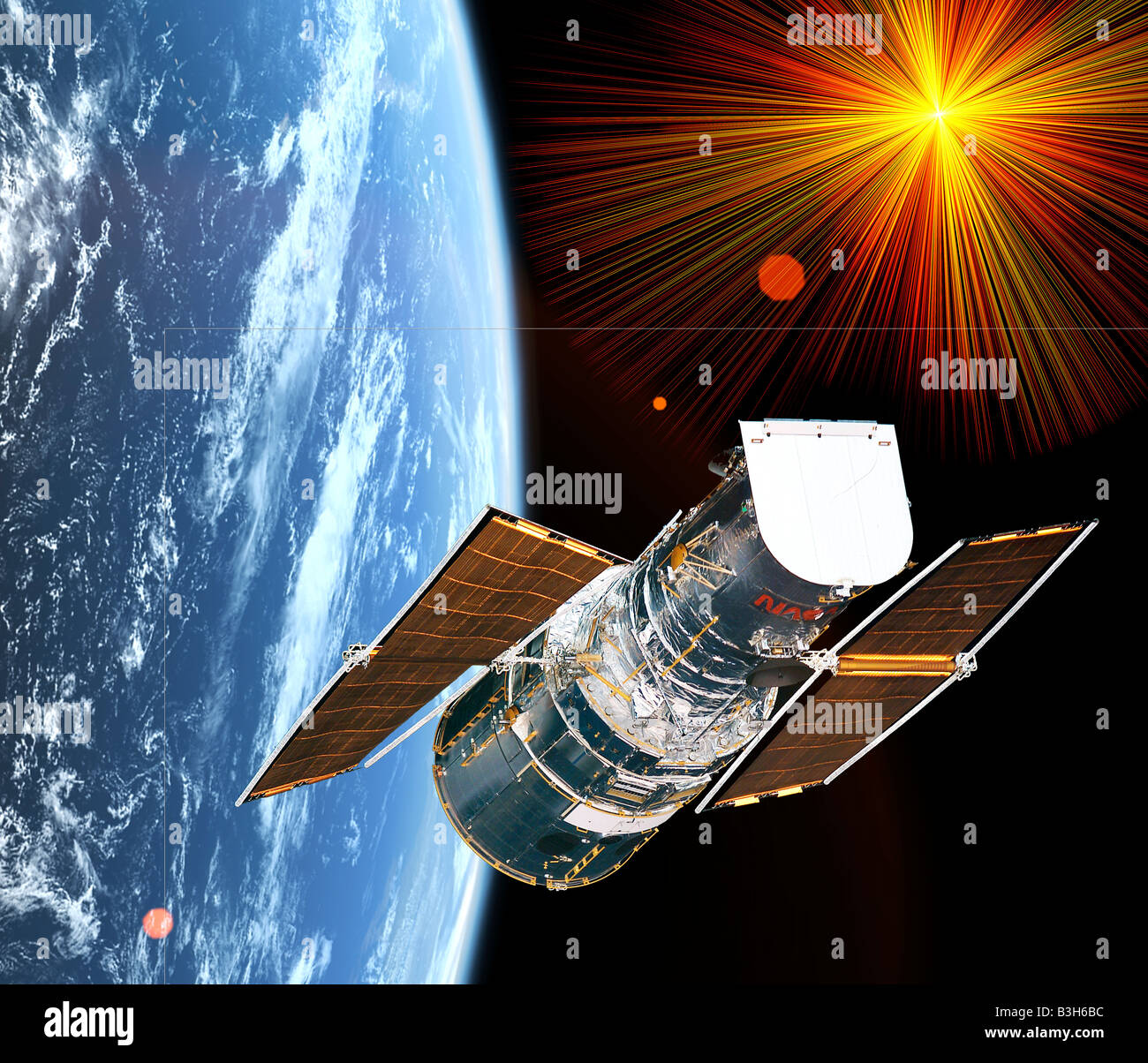 computer generated NASA Hubble Telescope flying above earth Stock Photo ...