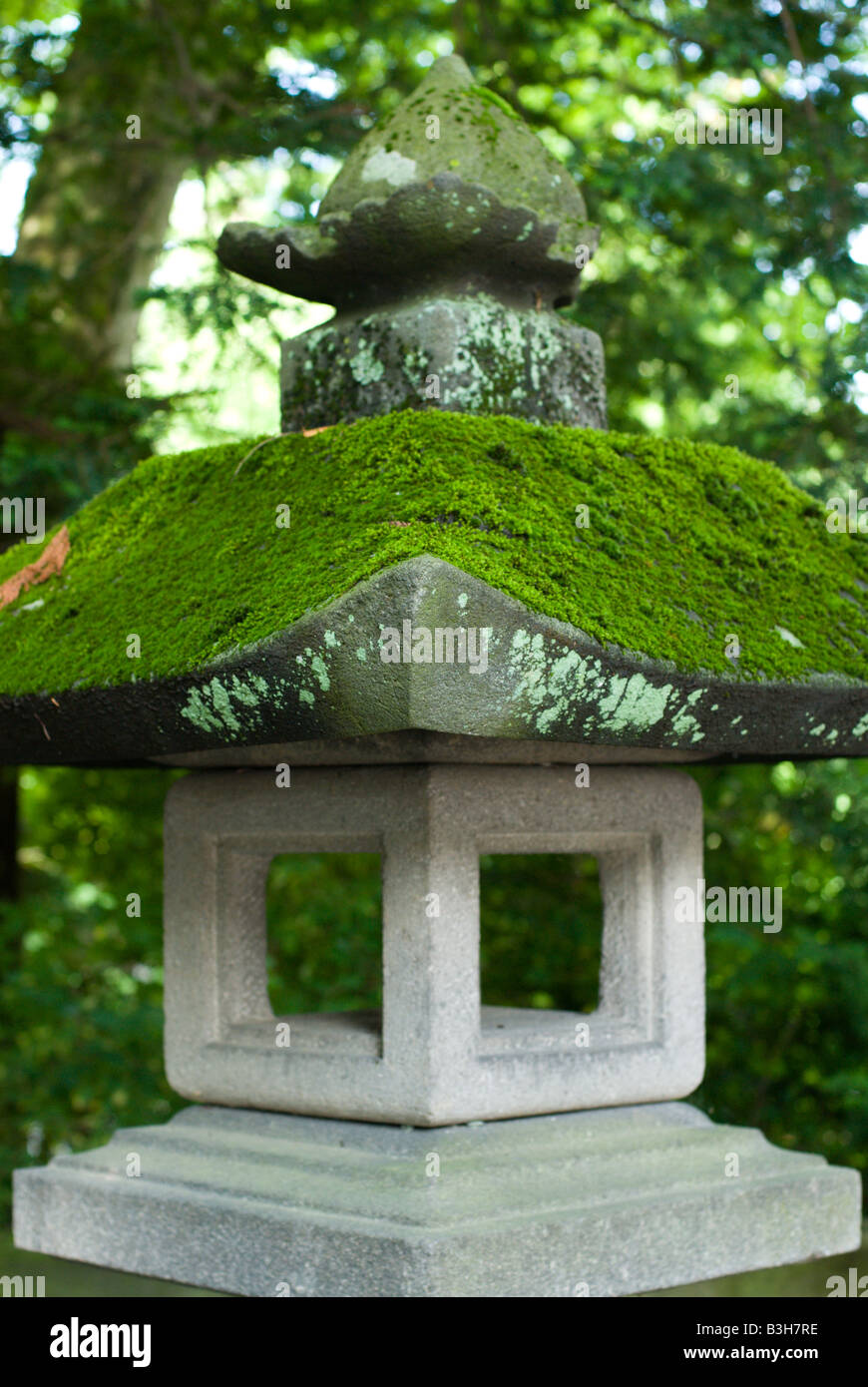 A moss covered ishitoro stone lantern at the Akimiya Shrine Suwa Taisha ...
