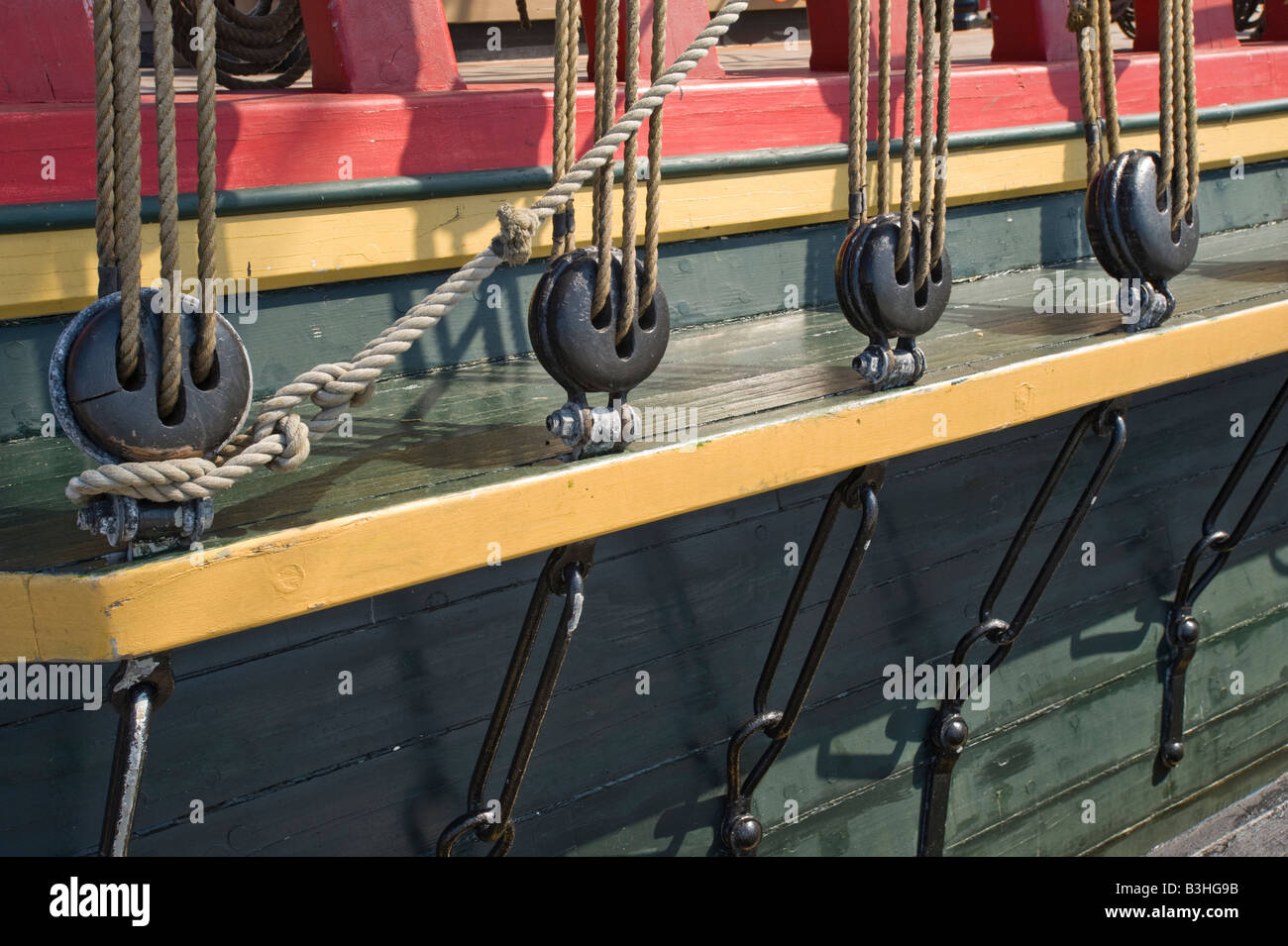 Rigging of the tall sailing ship Bounty docked in San Diego, California ...