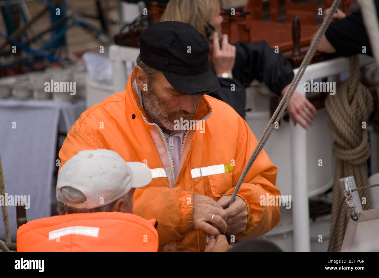 Sailor with rope on sailing ship at the Tall Ships race in Liverpool ...