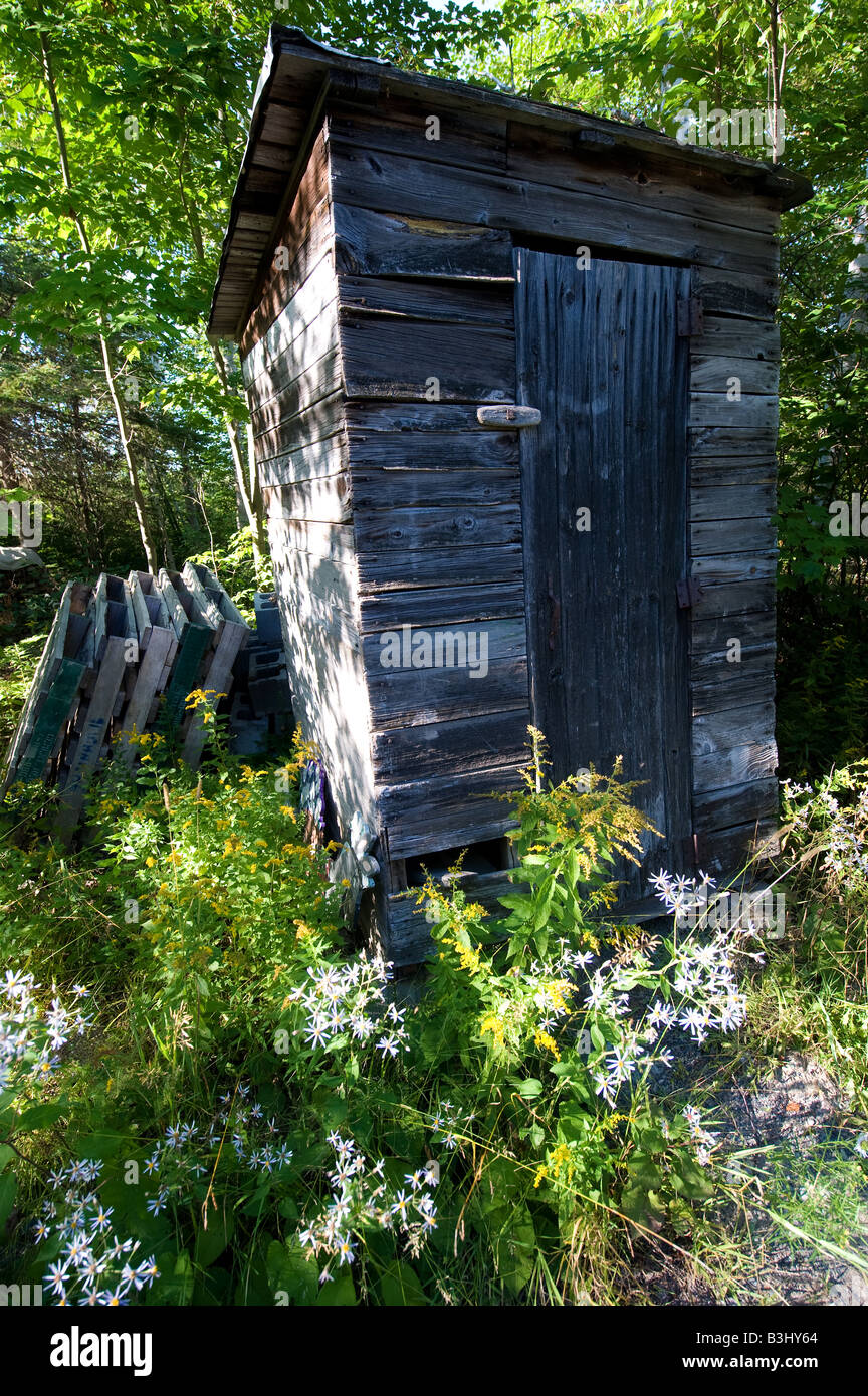 A 100 year old weathered wooden outhouse in the woods Stock Photo - Alamy