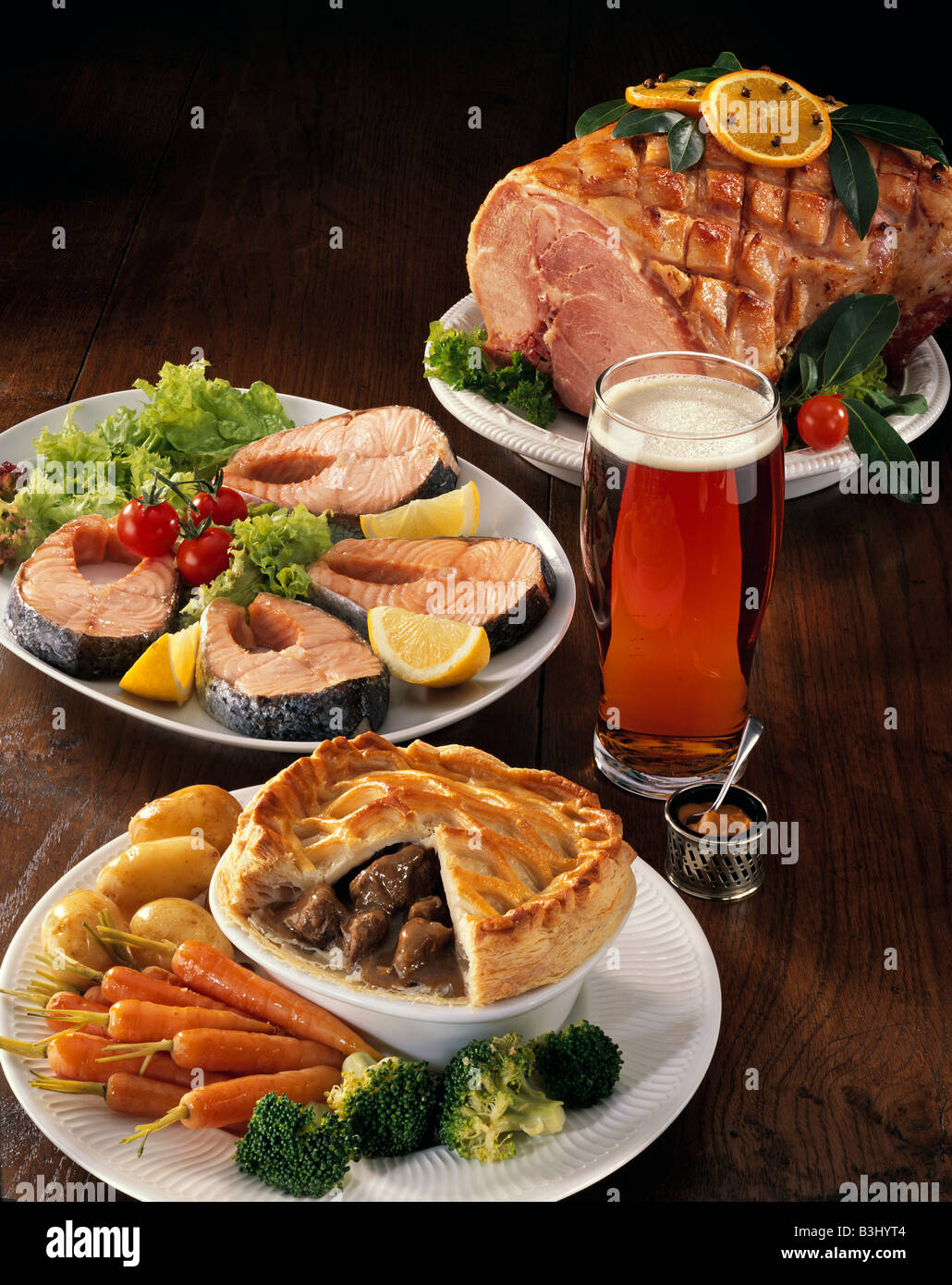 Steak pie roast gammon salmon editorial food Stock Photo - Alamy