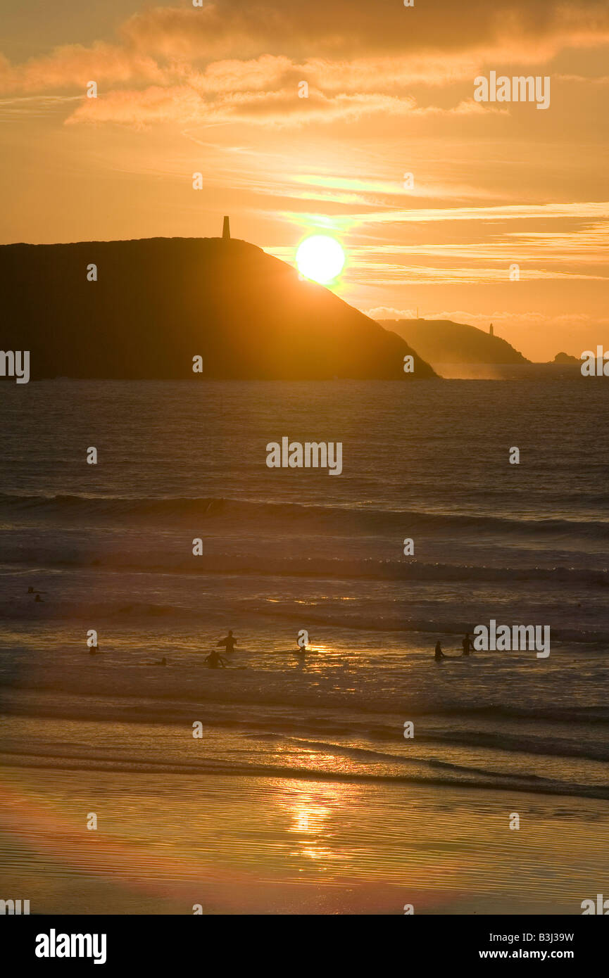 Stepper Point and Trevose Head from Polzeath beach Cornwall UK Stock ...