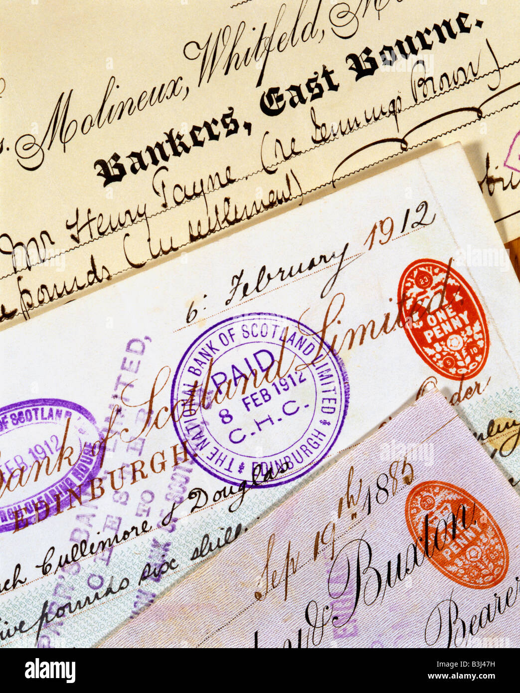 Antique old handwritten UK paper bank cheques Stock Photo - Alamy