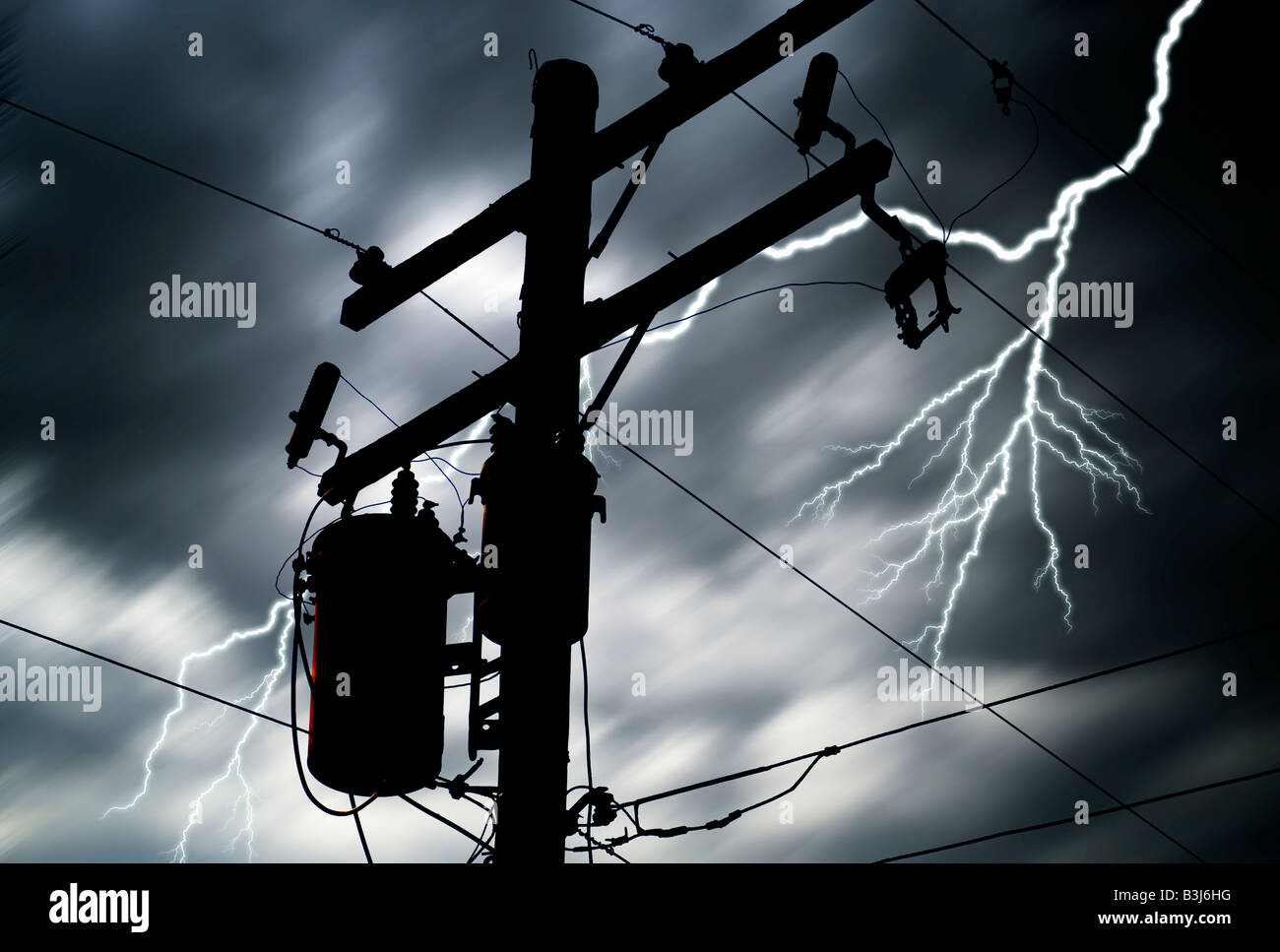 bolts of lightning near power line pole and wires Stock Photo - Alamy