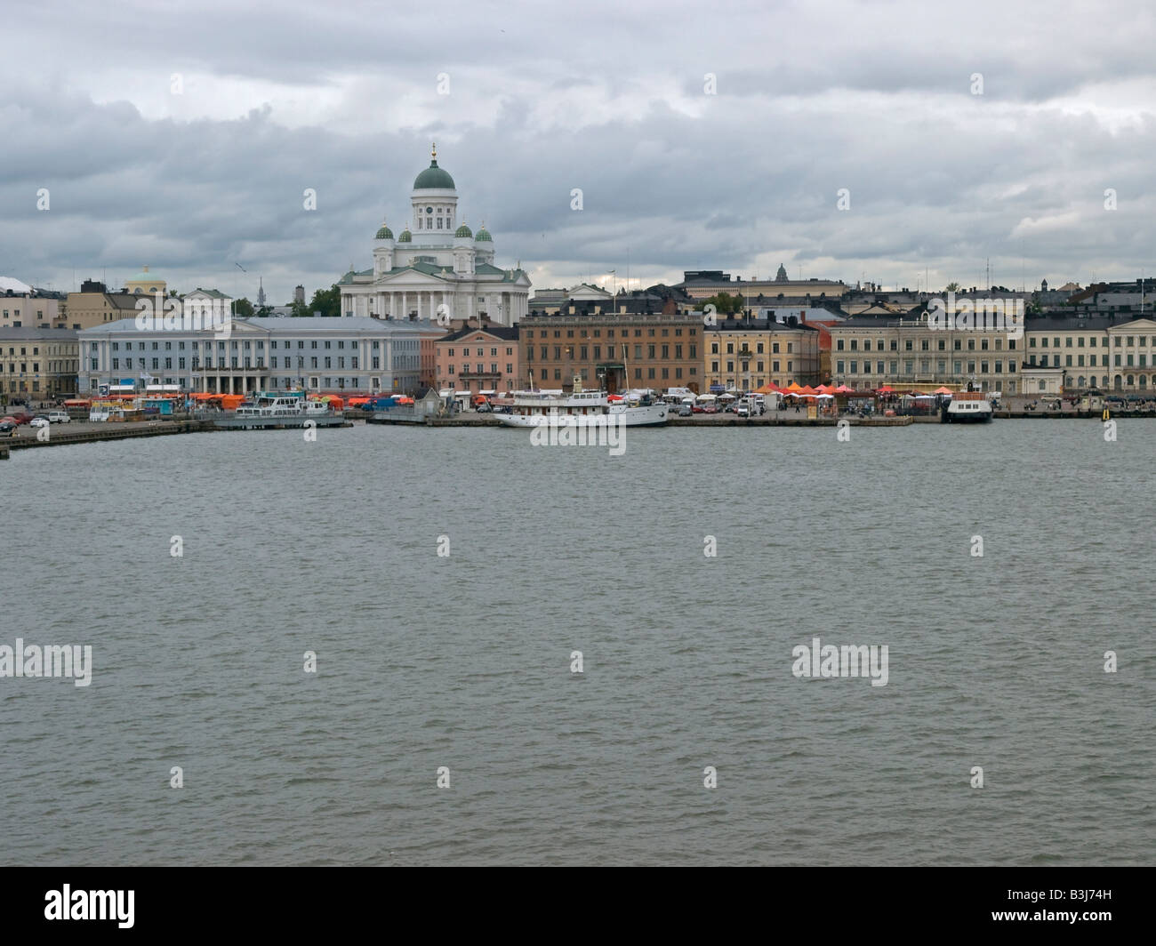 the harbour of Helsinki at the Baltic Sea with ships and the overlook ...