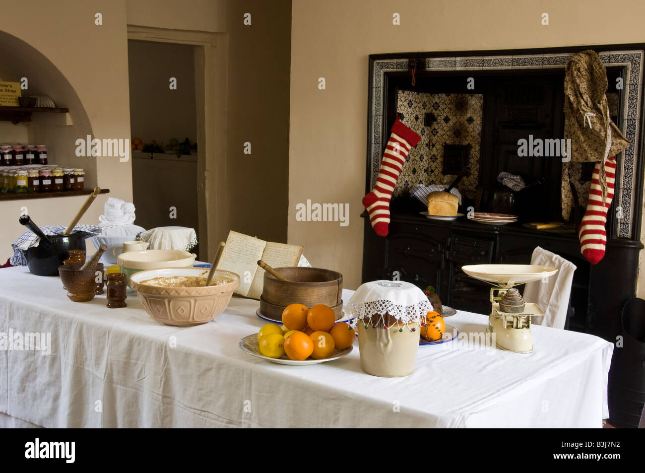 A table full of baking and cooking utensils ingredients in a Victorian ...