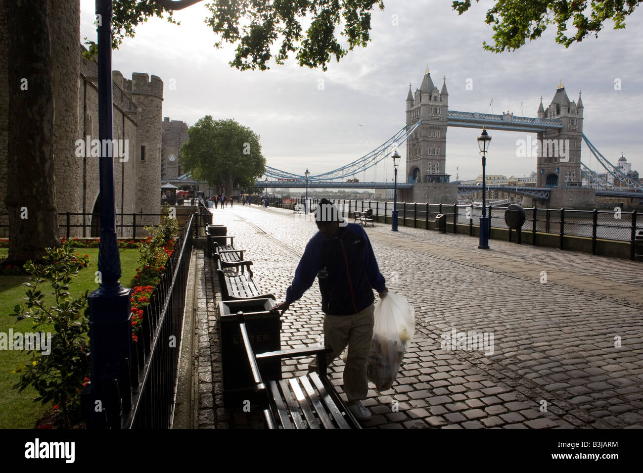 In early morning light shines over Victorian cobbles a rubbish ...