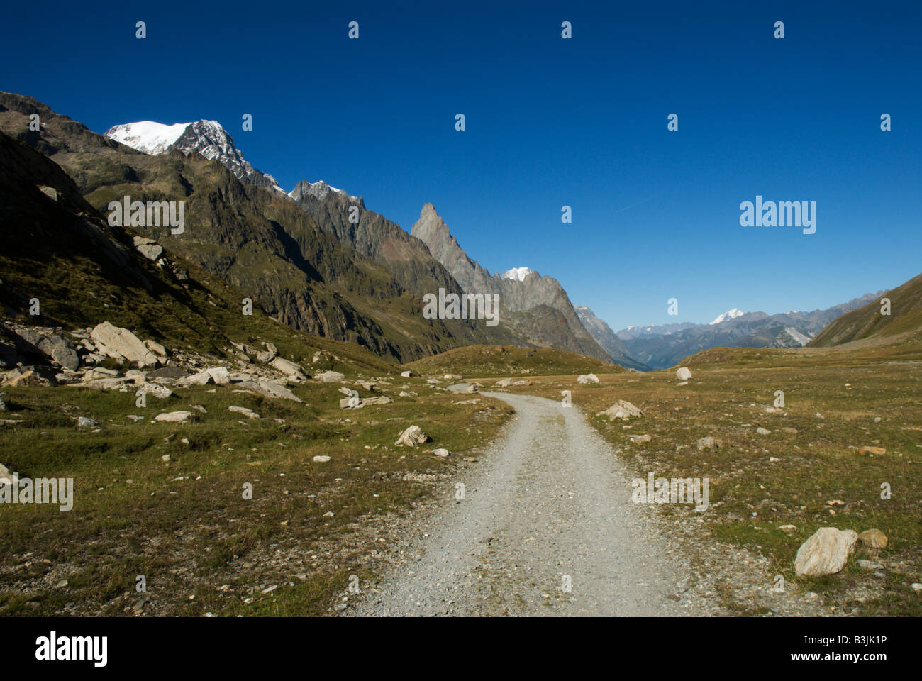 The Tour du Mont Blanc TMB trail passes into the Val Veny Stock Photo ...