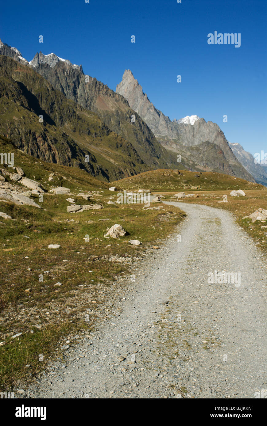 The Tour du Mont Blanc TMB trail passes into the Val Veny Stock Photo ...