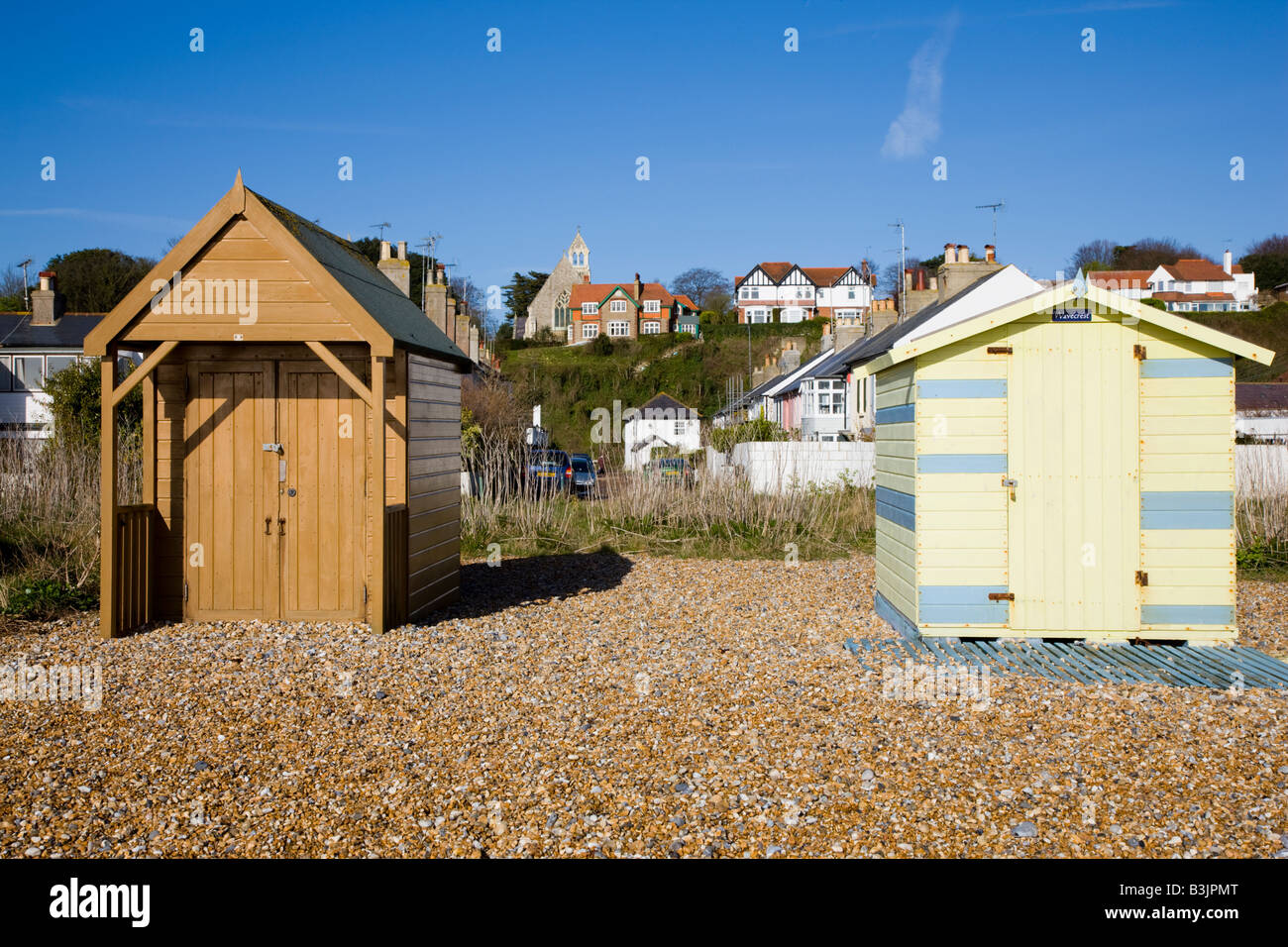 Beach huts on the seafront in the village of Kingsdown in Kent Stock ...