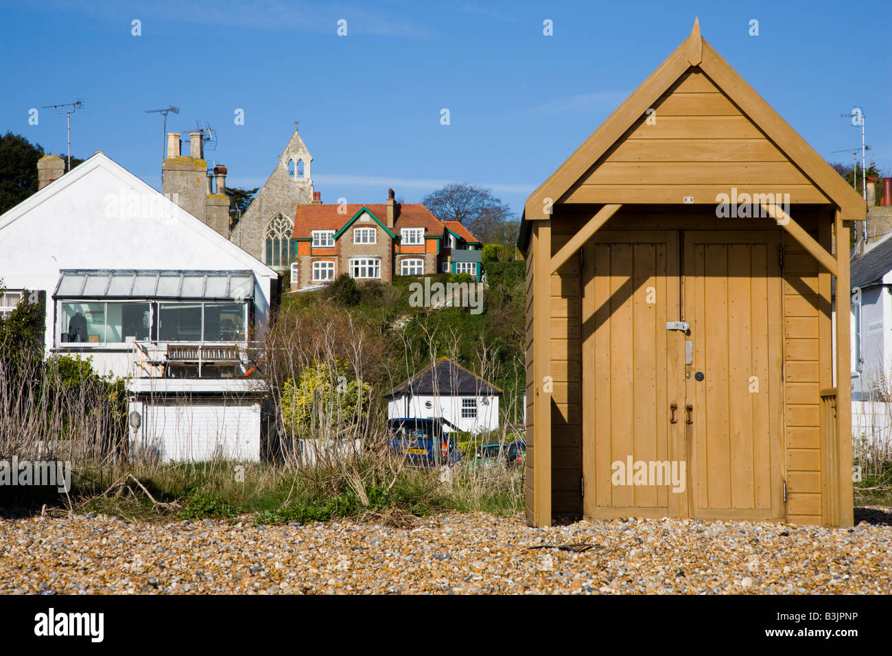 Beach huts on the seafront in the village of Kingsdown in Kent Stock ...