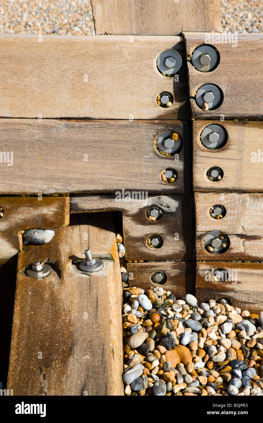 Wooden sea defence structures on the beach in Kingsdown Kent Stock ...