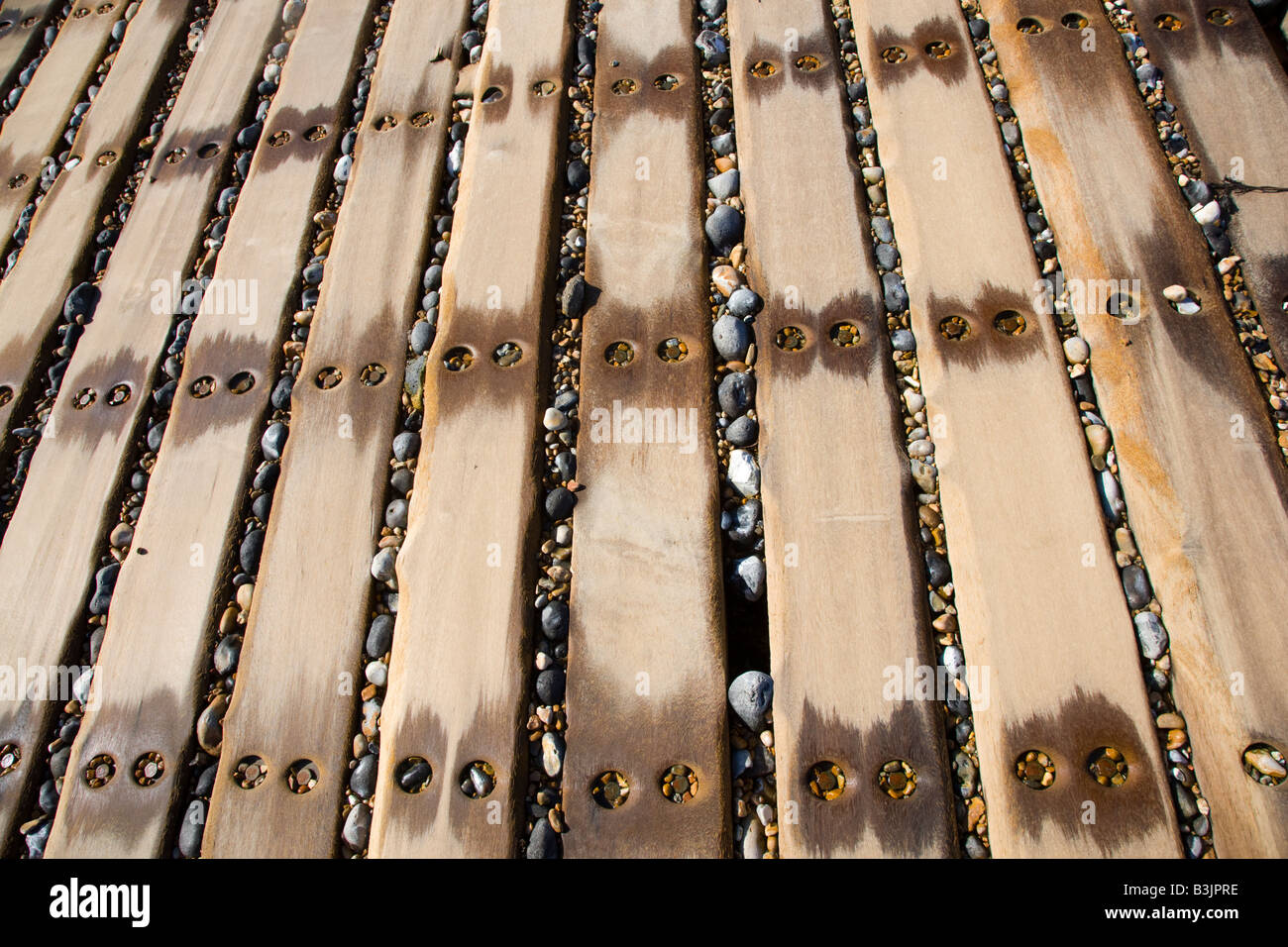 Wooden sea defence structures on the beach in Kingsdown Kent Stock ...