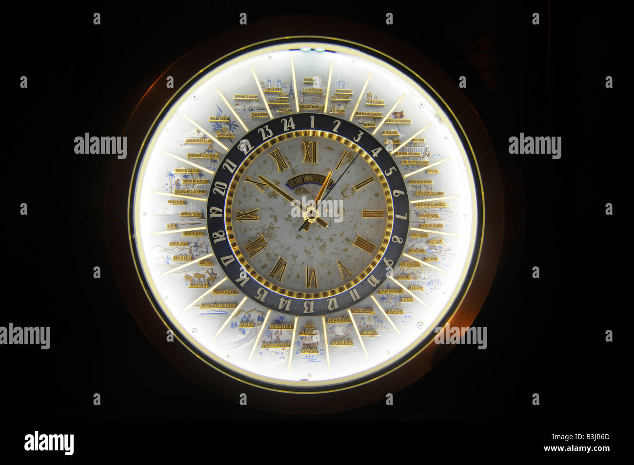A close-up viwe of a large watch clock dial in the window of a luxury ...