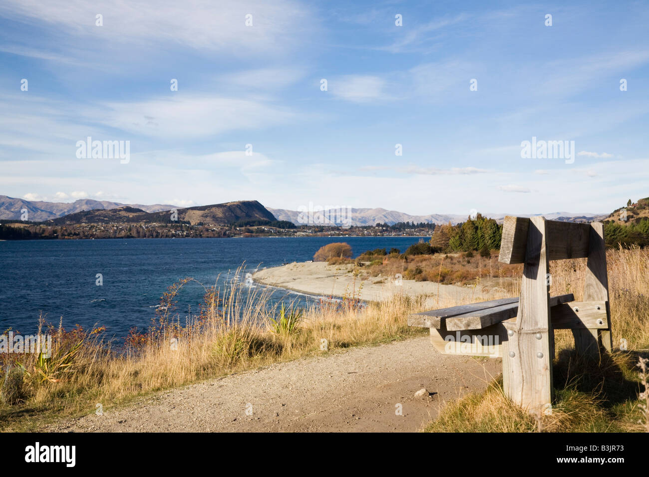 Wanaka Otago South Island New Zealand May Lakeside footpath and bench ...