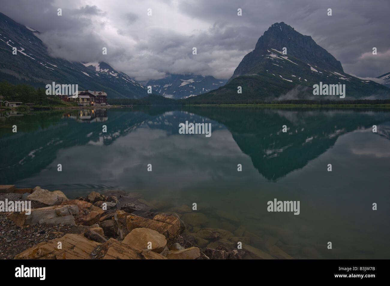 Looking out across Swiftcurrent Lake in the Many Glacier Region of ...