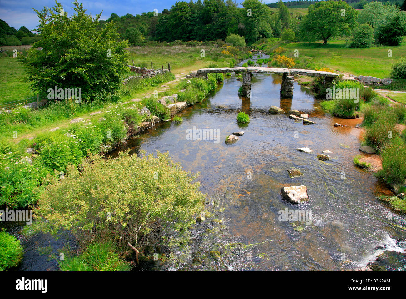 Two Bridges Medieval Stone Clapper bridge across the East Dart River ...