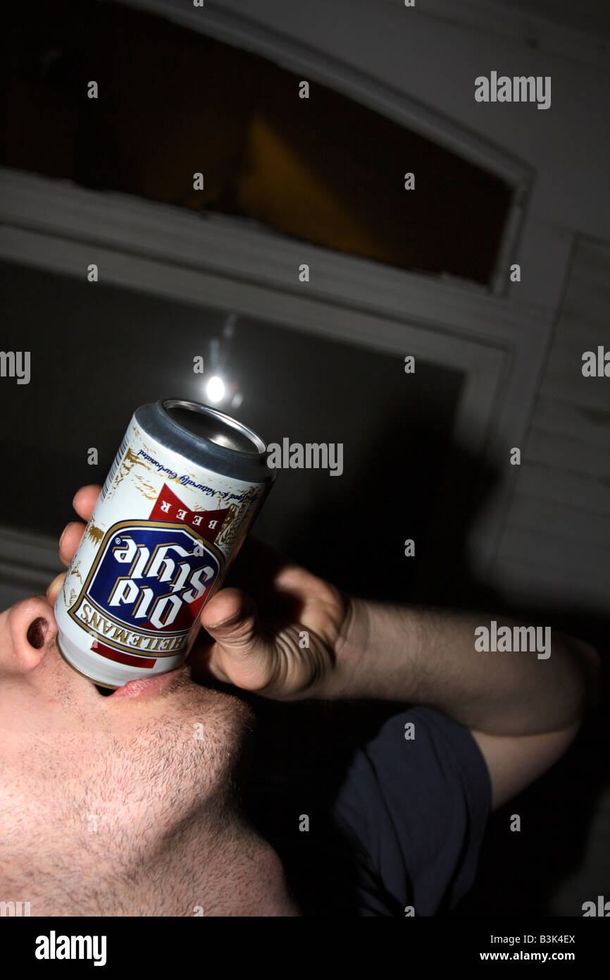 Downing a Heileman's Old Style beer in a can Stock Photo - Alamy