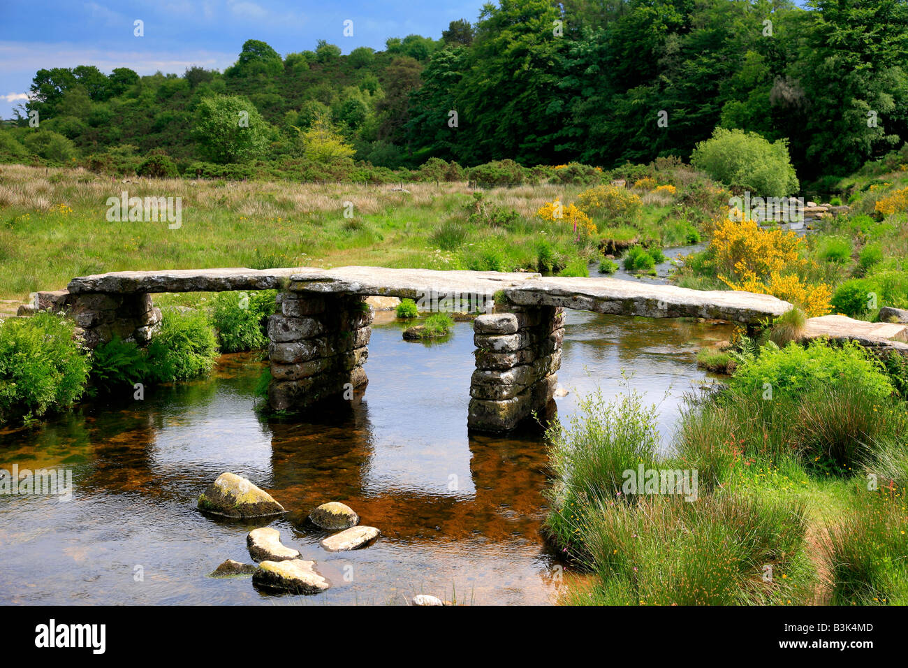 Two Bridges Medieval Stone Clapper bridge across the East Dart River ...