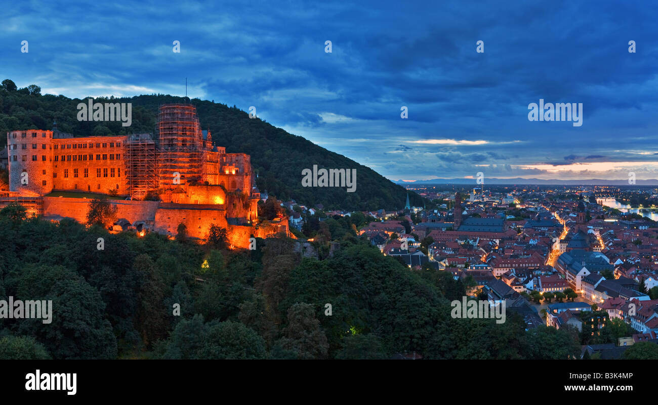 Night view over Heidelberg, Germany, with castle, old town and Neckar ...