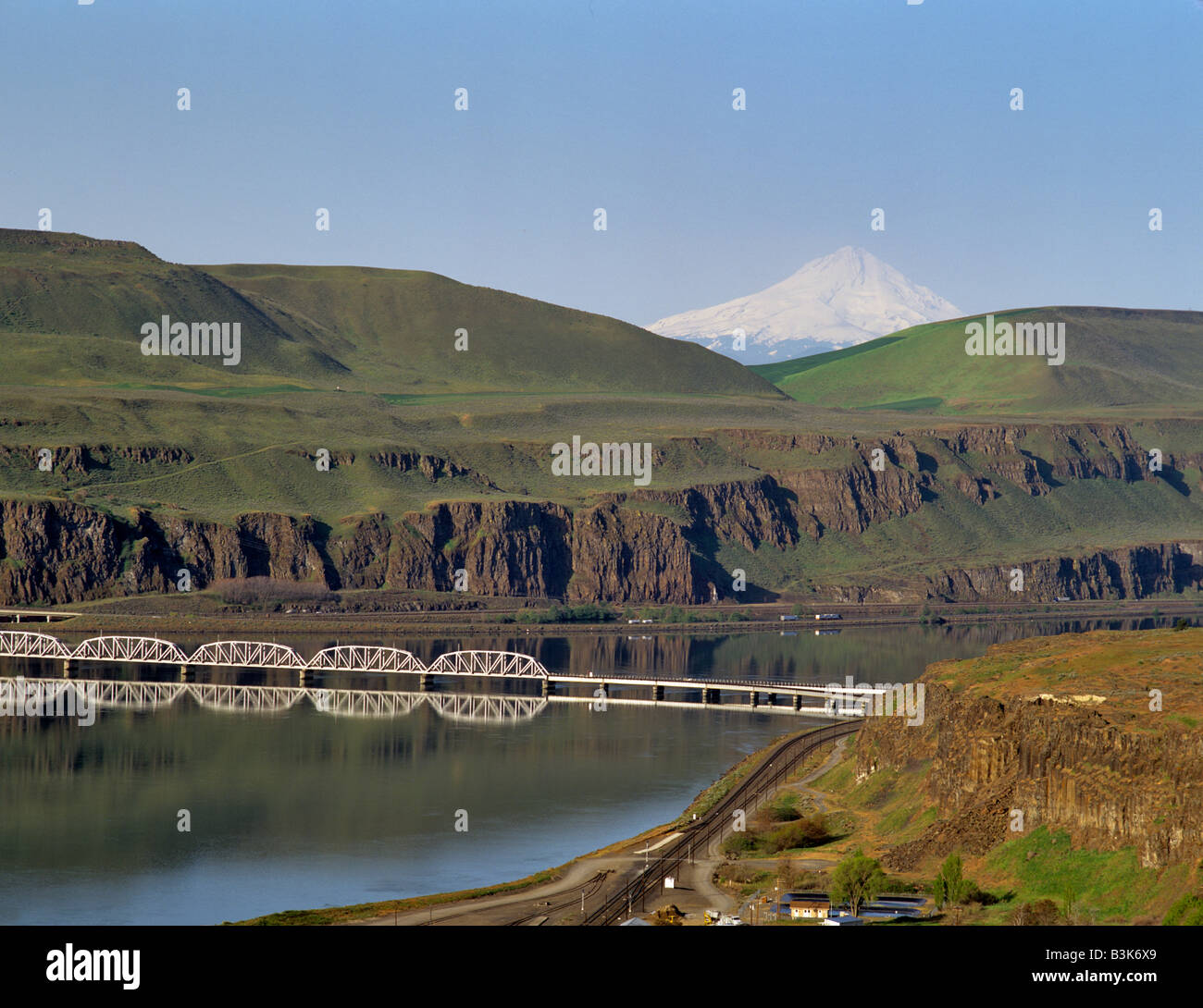 Train bridge over Columbia River with Mt Hood Near Wishram Washington ...