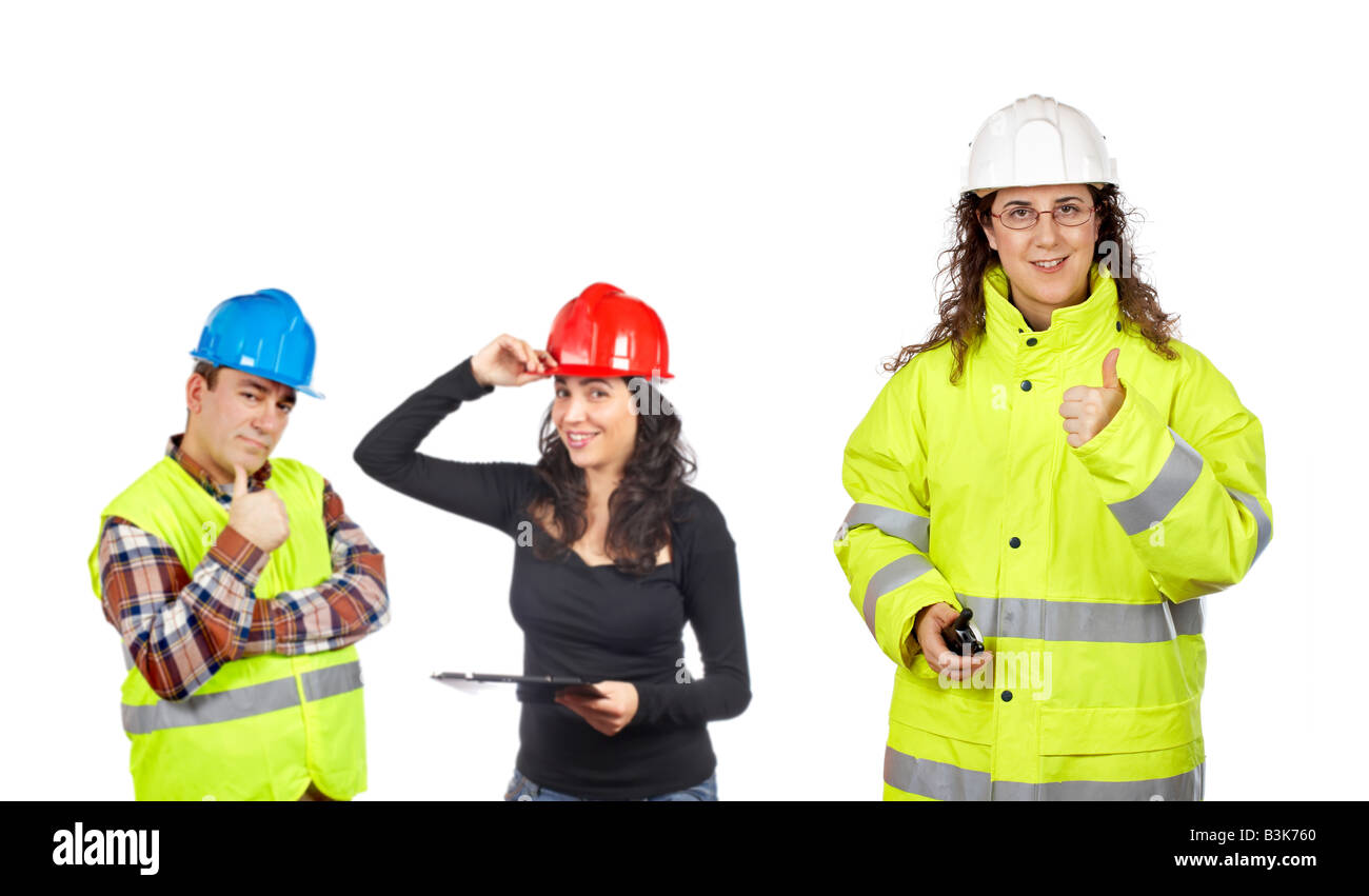 Three construction workers over a white background Focus at front Stock ...