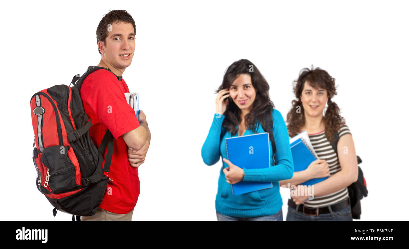 Three students with books and backpacks over a white background Focus ...