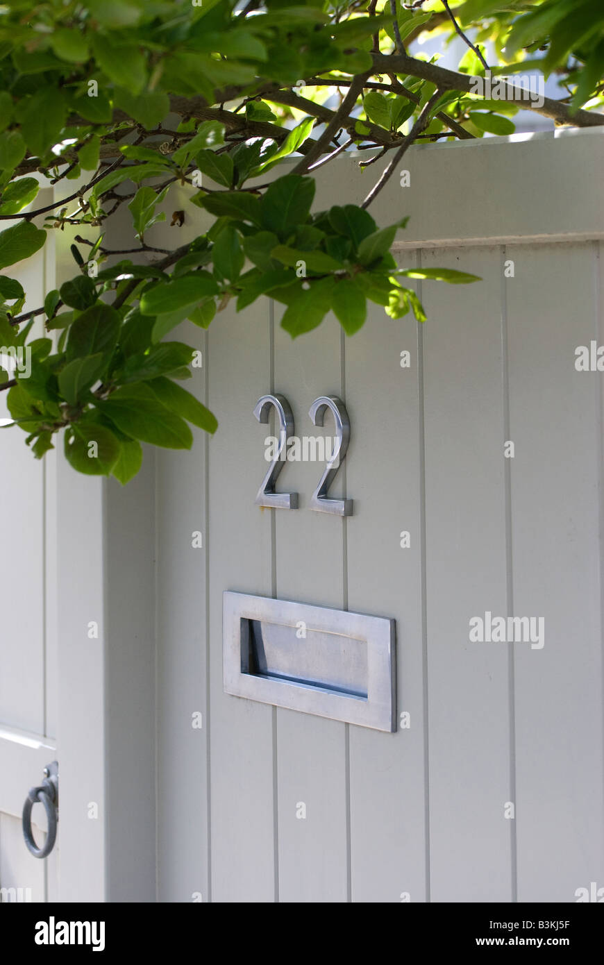 White front gate and letterbox with overhanging branches Stock Photo ...