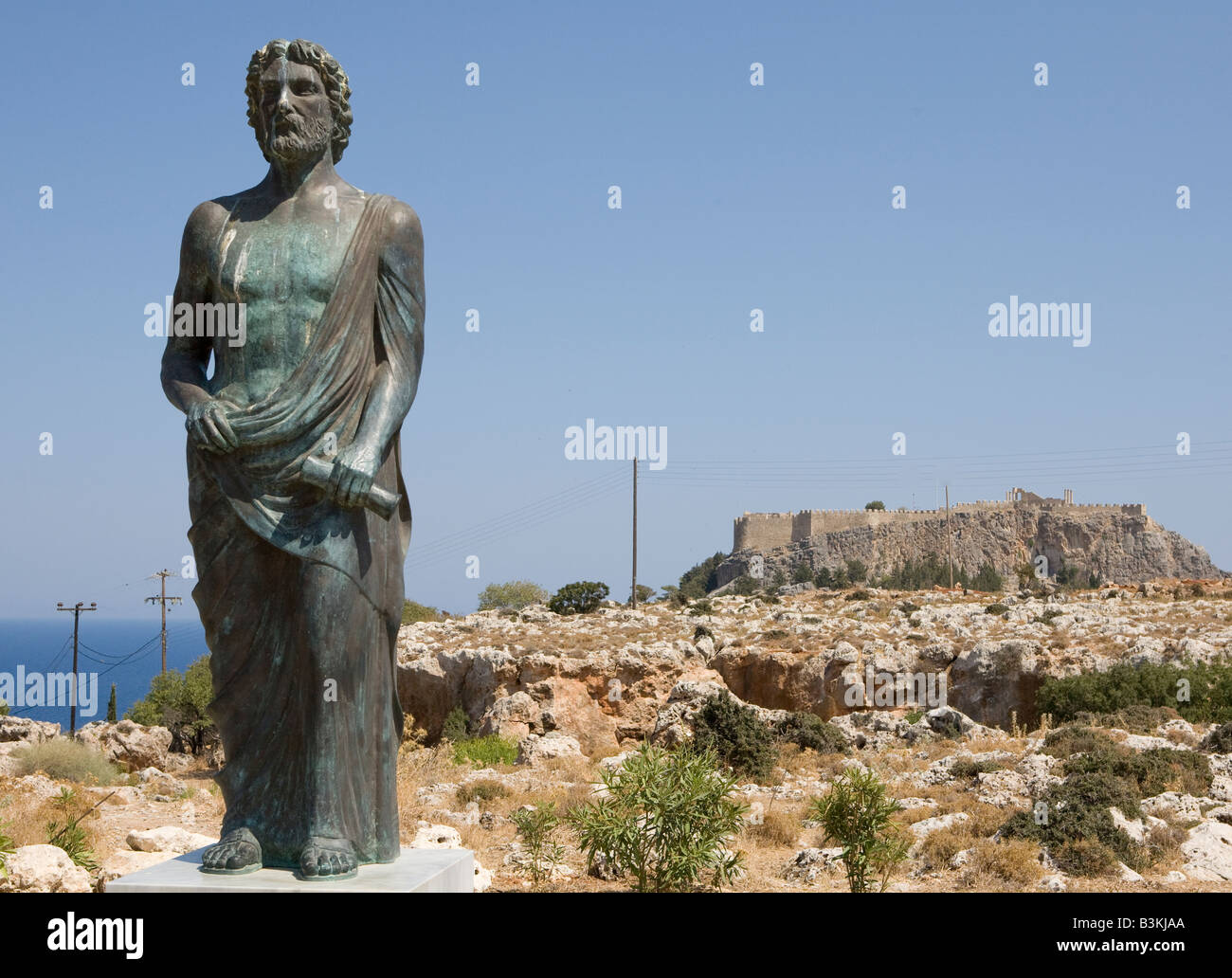 Bronze statue of Cleobulus against clear sky, Lindos, Rhodes, Greece ...