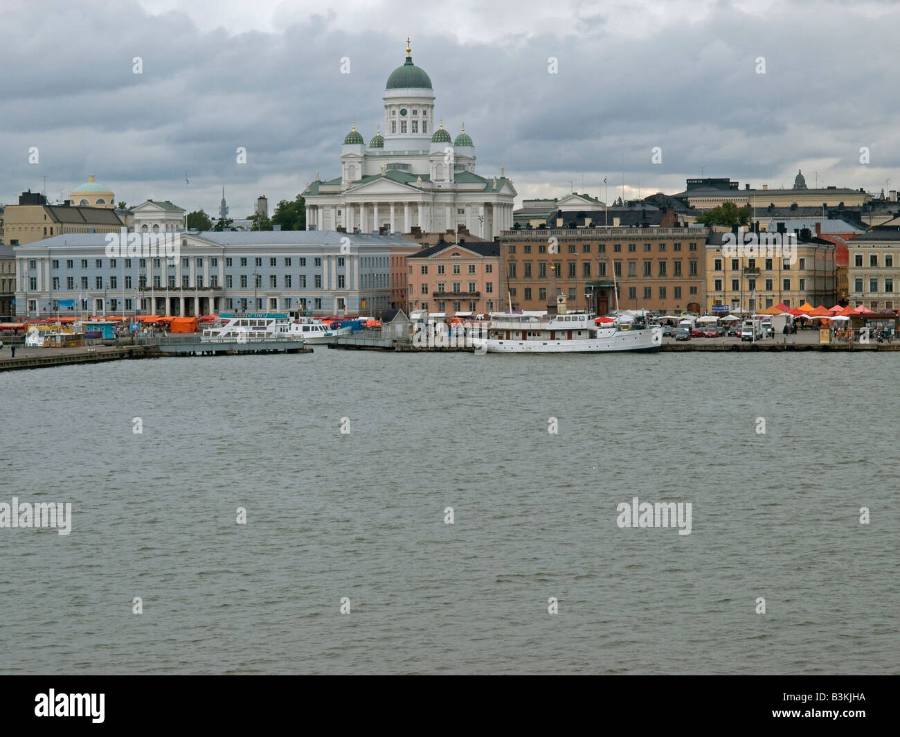 the harbour of Helsinki at the Baltic Sea with ships and the overlook ...