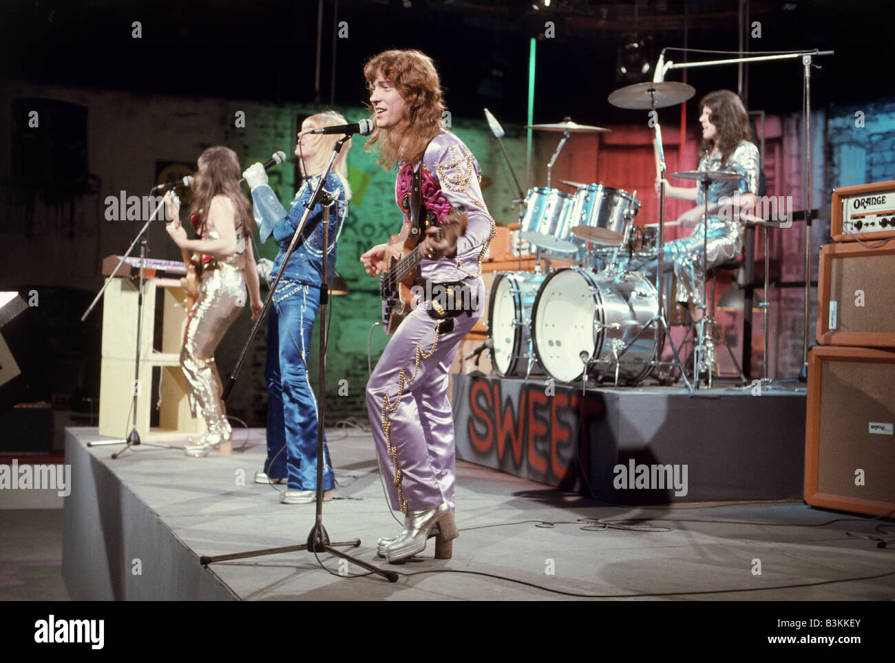 THE SWEET UK pop glam rock group in 1974 with Brian Connelly in blue ...