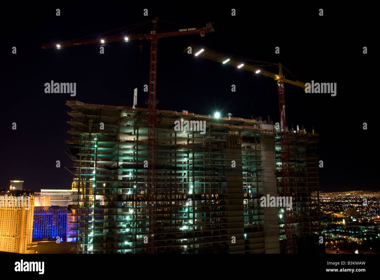 aerial nighttime view of city center construction on las vegas strip ...