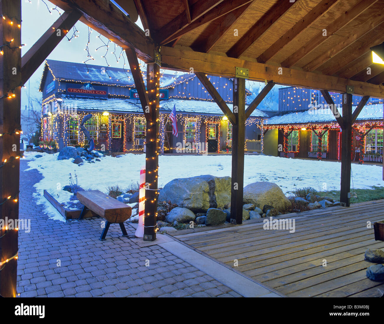 Shopping area with snow and Christmas lights Joseph Oregon Stock Photo ...