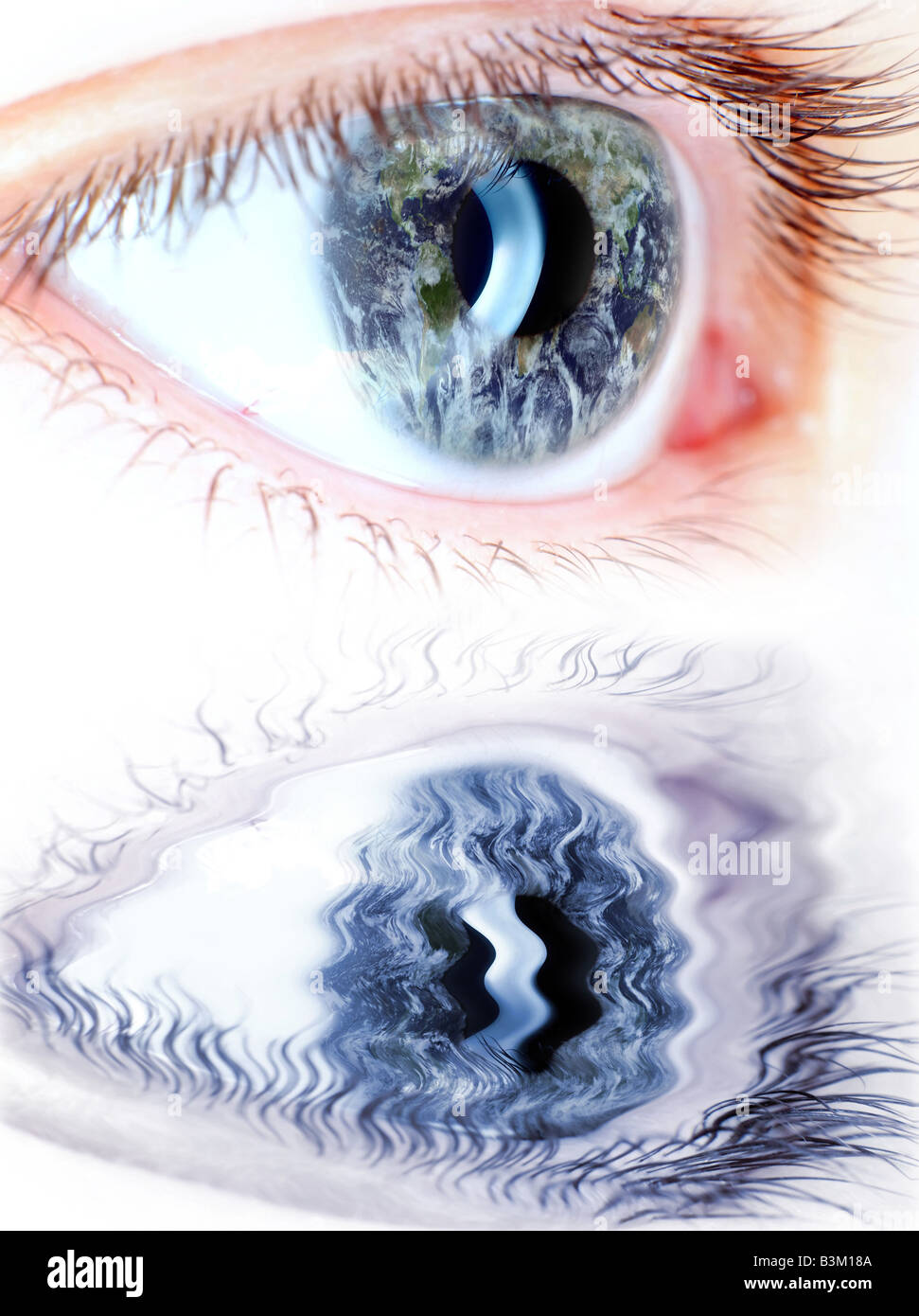 blue eye in macro with earth map on iris and water reflection extreme ...