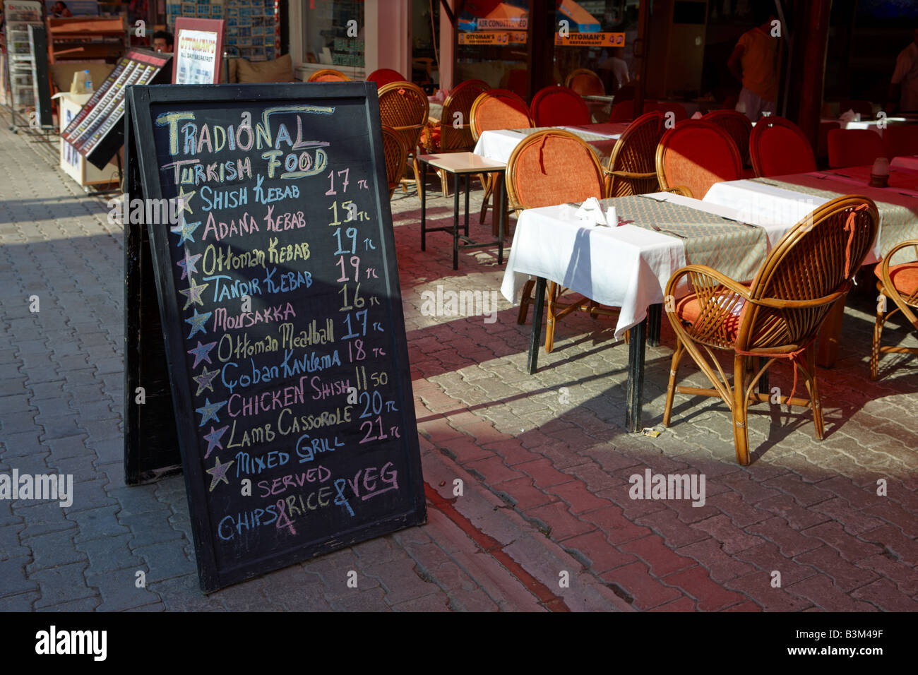 Traditional Turkish restaurant menu. Oludeniz village, province of ...
