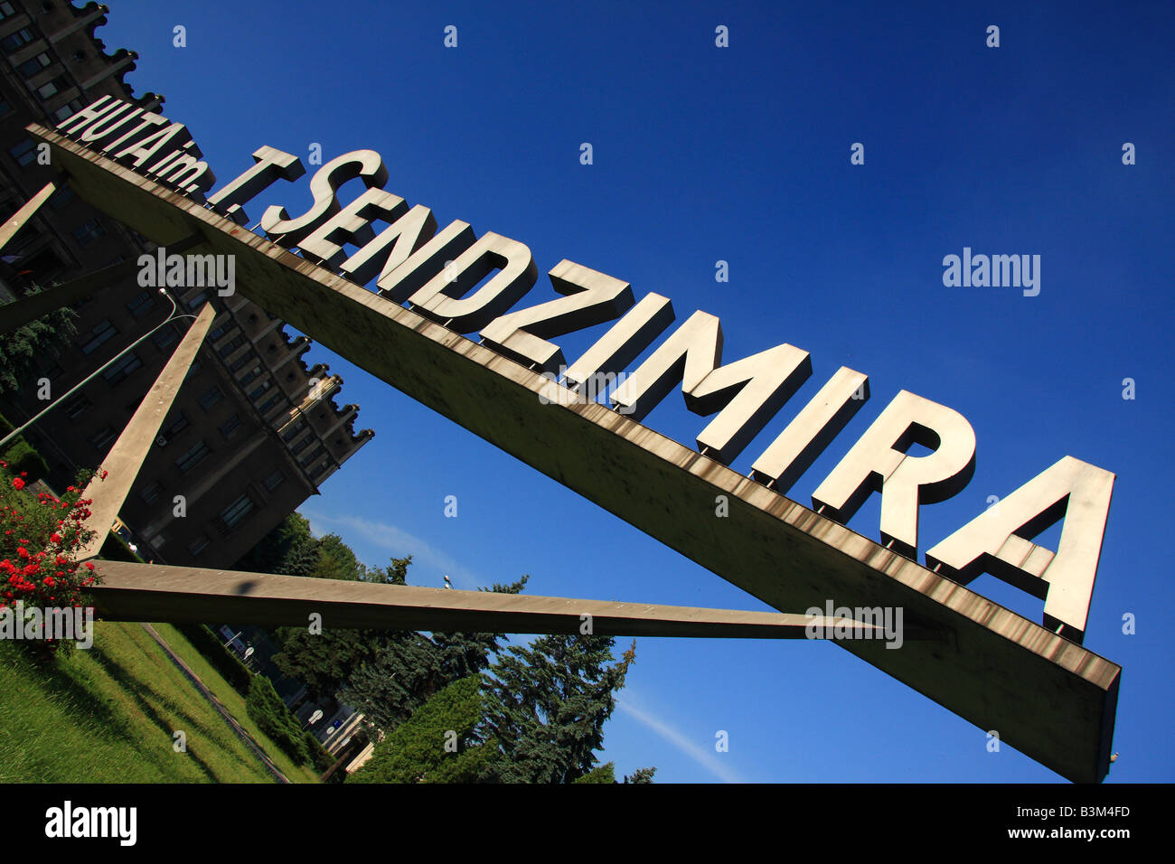 Entrance sign at Huta im Sendzimira steelworks complex in Nowa Huta ...
