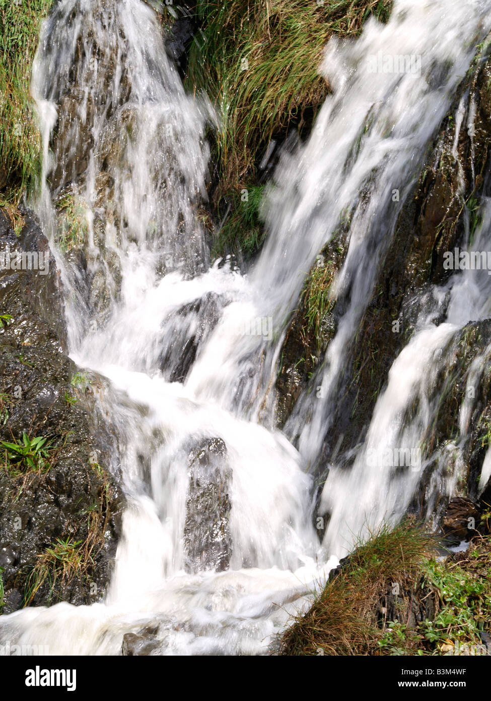 Waterfall running through grassy rocks Stock Photo - Alamy