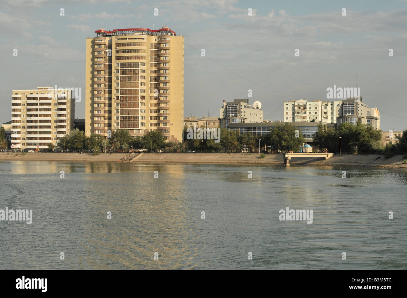 View of centre of Caspian oil city, Atyrau from river Ural showing ...