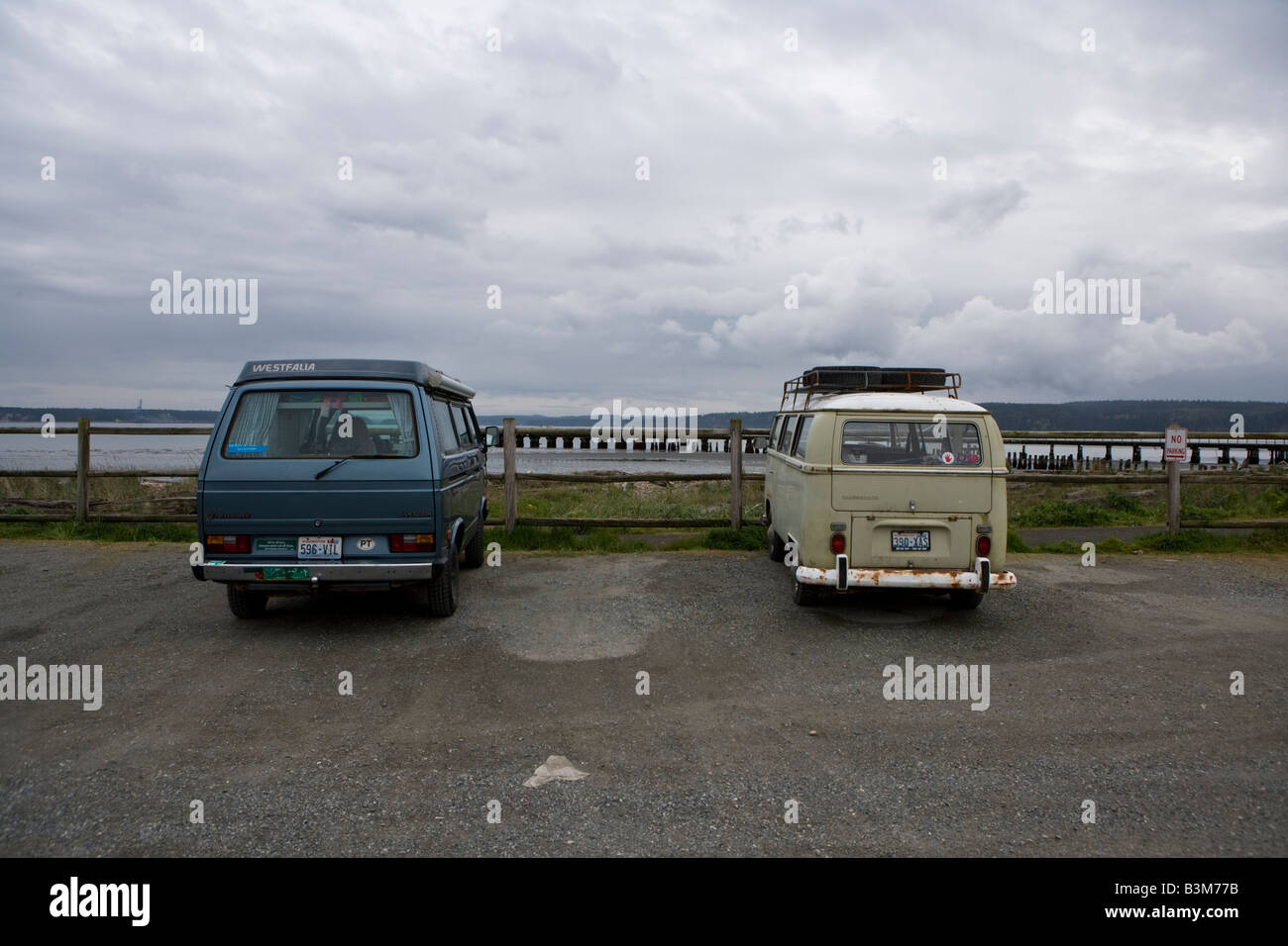 Two generations of Volkswagen camper vans parked in the Port Townsend ...