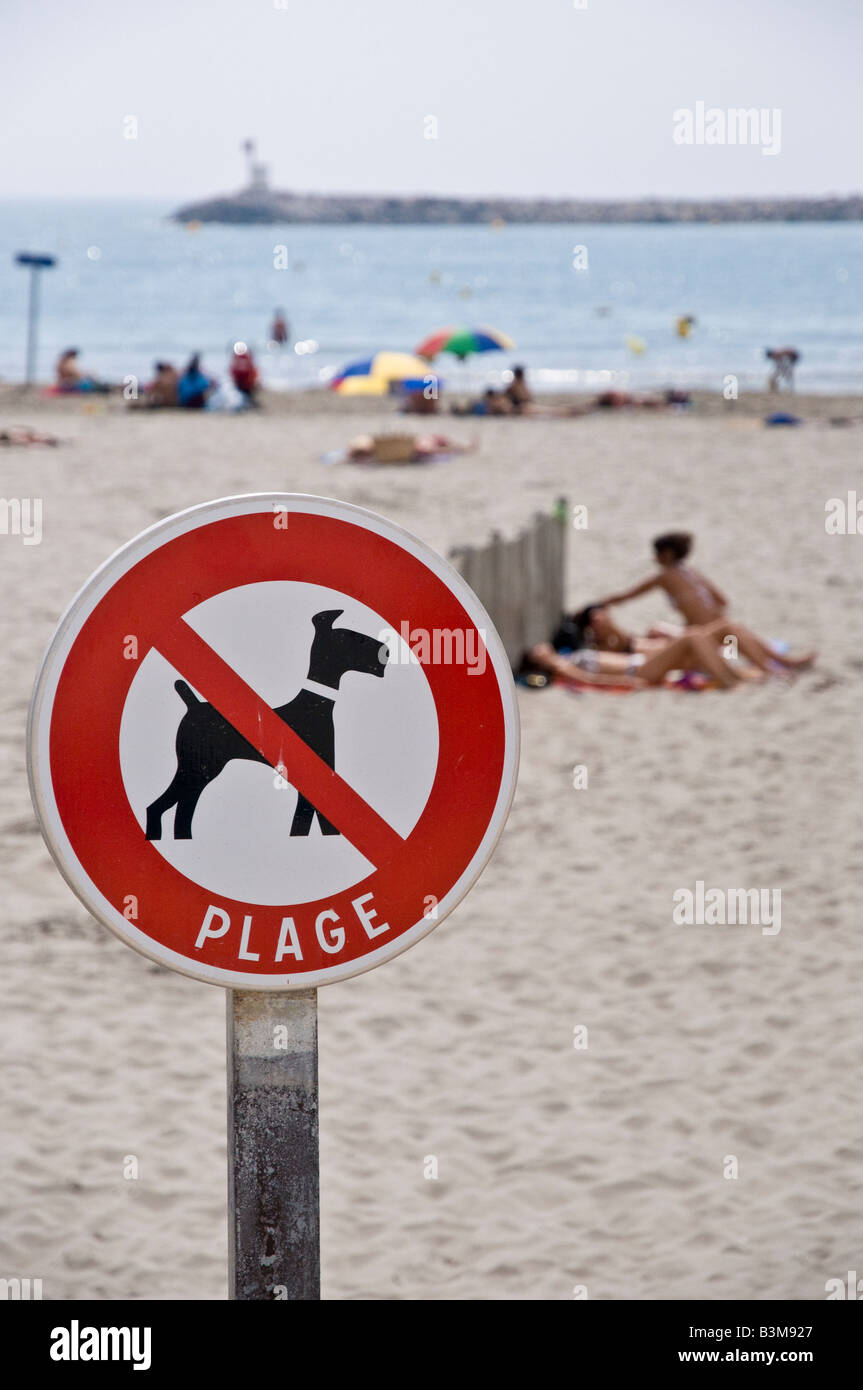 A "no dogs" sign on a sandy beach in the South of France Stock Photo ...
