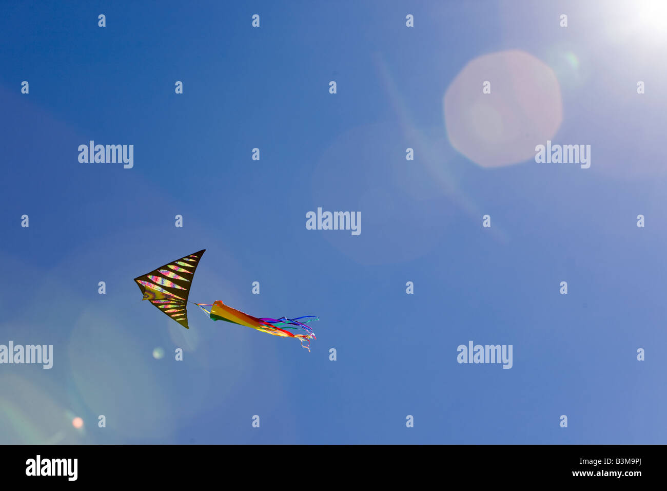 Delta kite with rainbow tail flying against a blue sky with sun flare ...