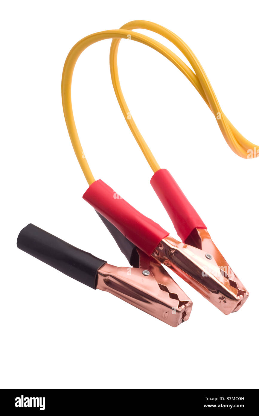 yellow jumper cables to start a vehicle with a dead battery isolated on ...