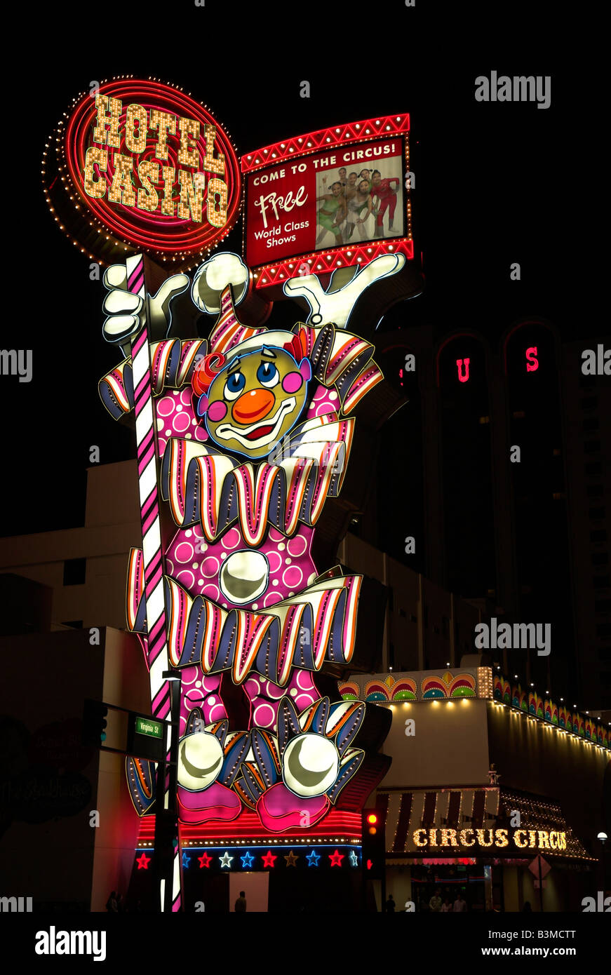 A very colorful clown sign at night in front of "Circus Circus" in Reno ...