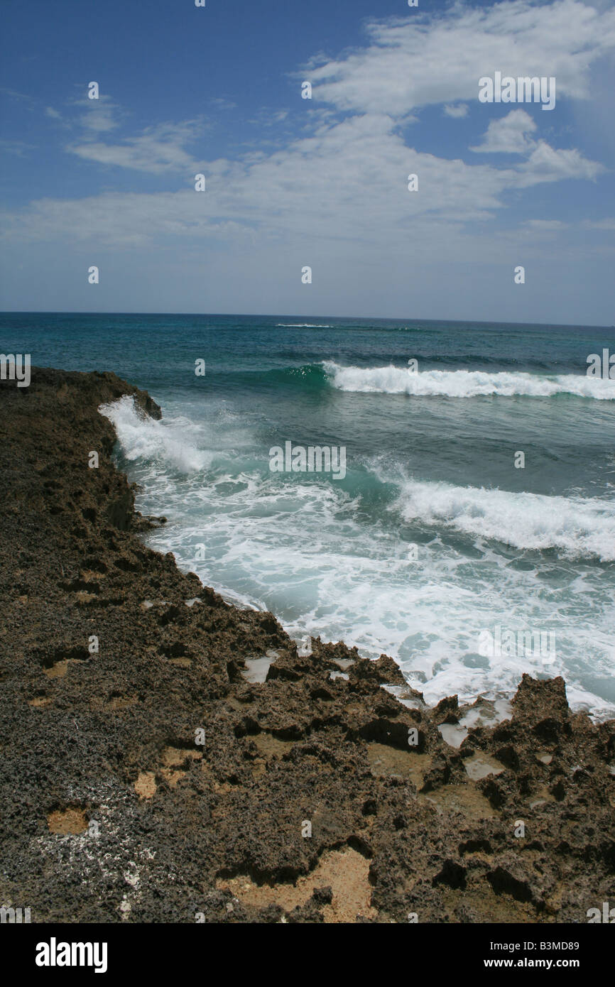 View of the coral reef shoreline on the Atlantic Ocean from the Abaco ...